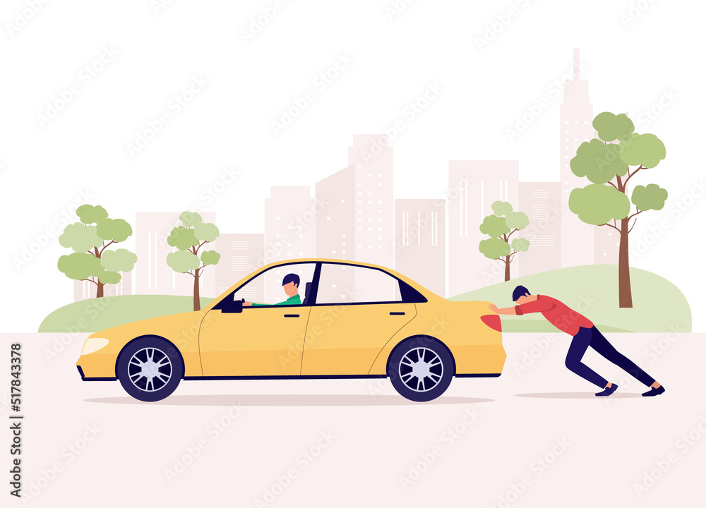 One Man Helping To Push The Broken Car From Behind While Another Man ...