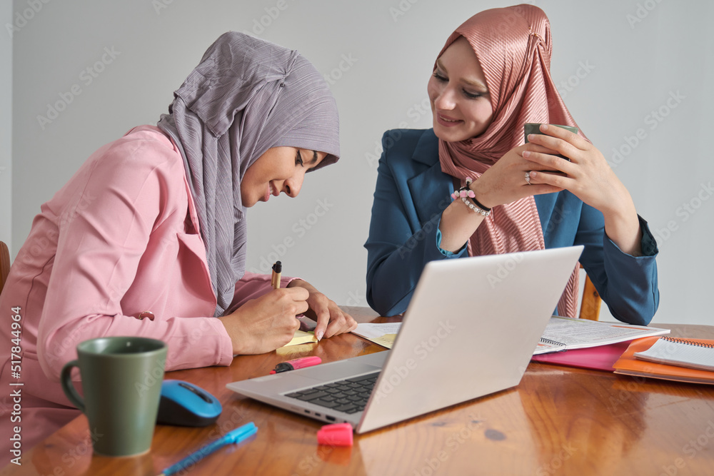 Two muslim female university students wearing hijab doing schoolwork ...