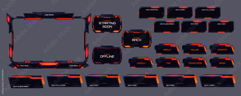 Game live stream panels, overlay frames and buttons with red neon glow ...