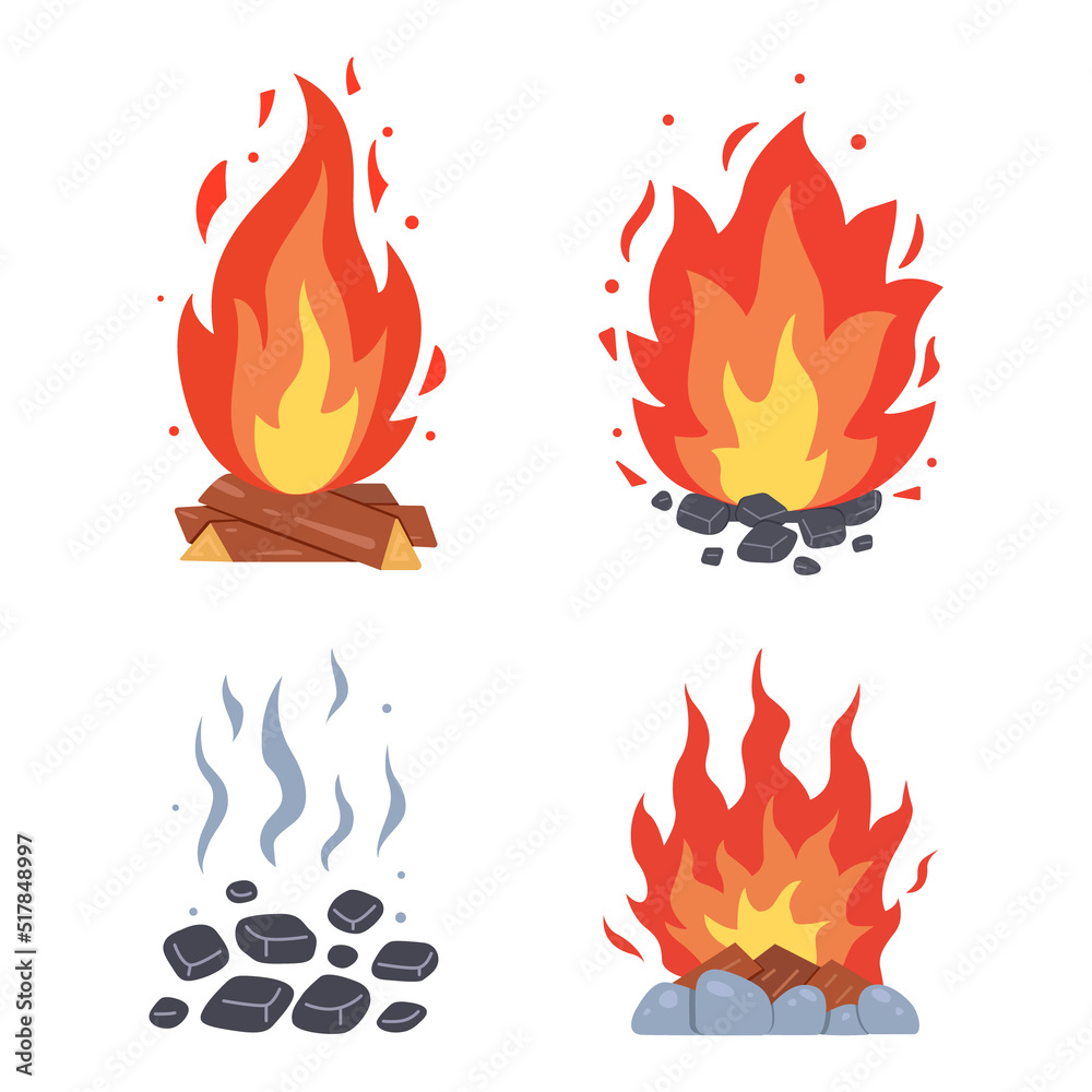 Campfire different types. Vector burning bonfire frames. Camping fire ...