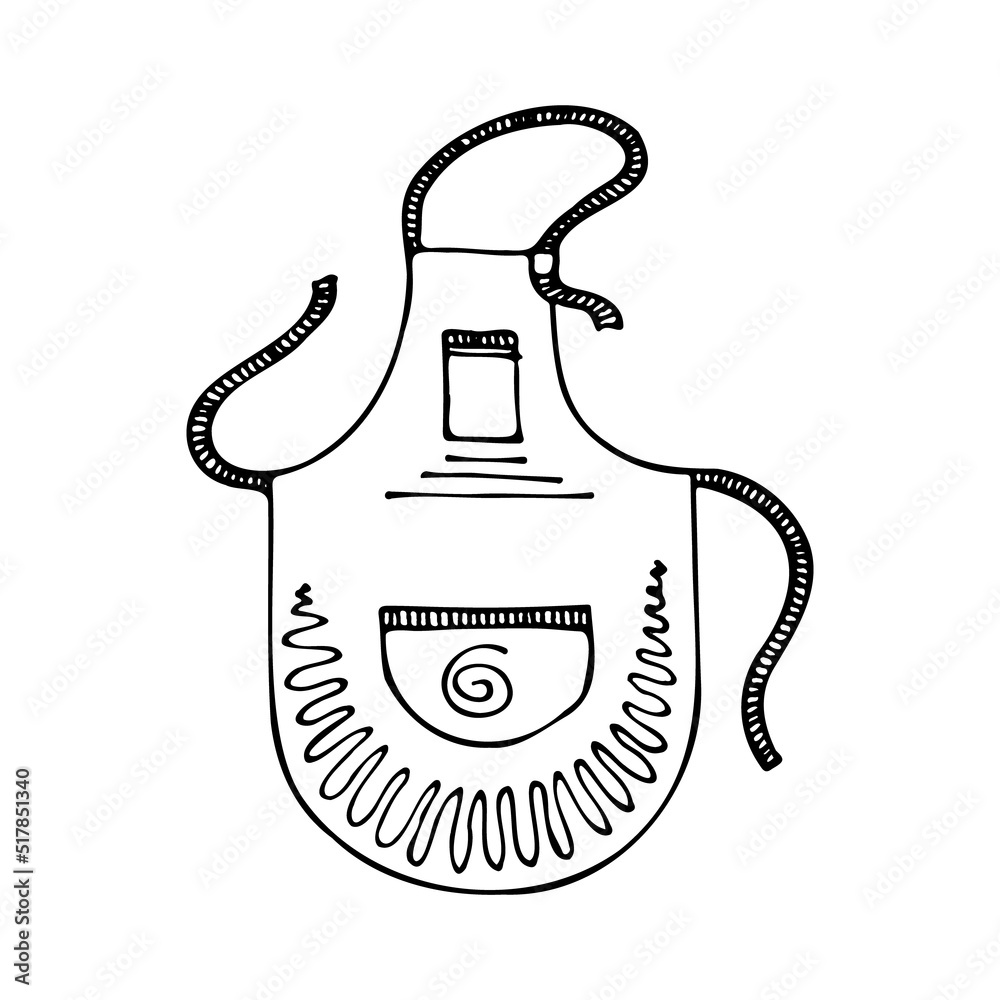 apron of kitchen tools doodles. Hand drawn vector black silhouette ...