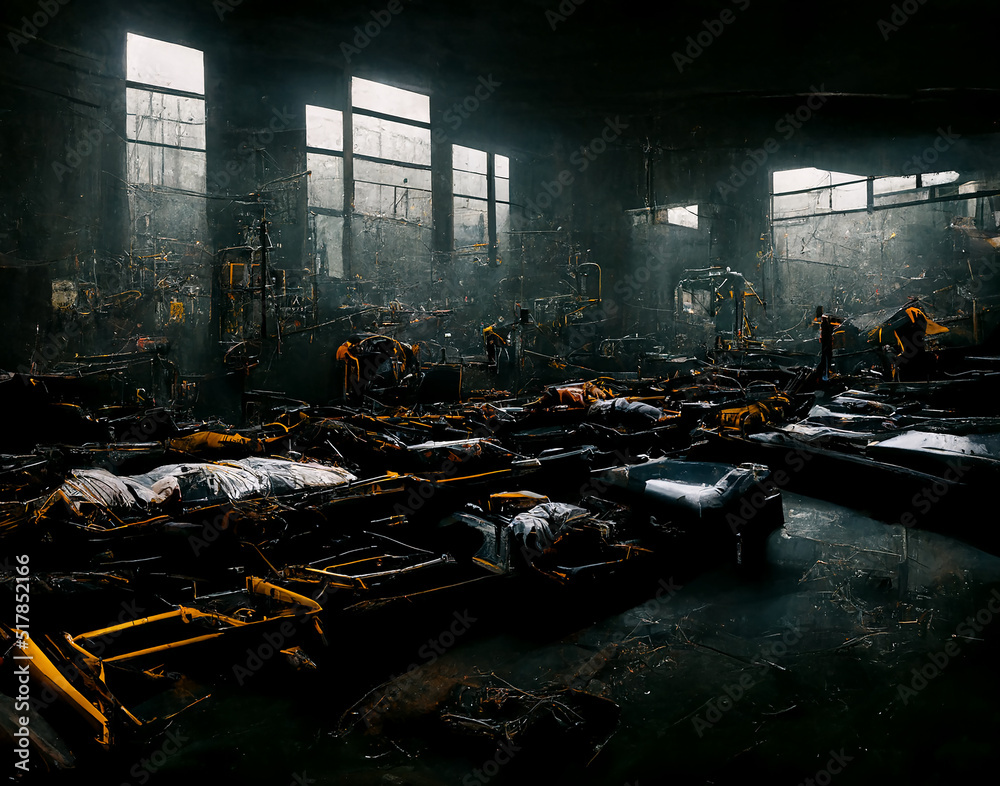 an epic abonded factory interior with the dead bodies on the floor ...