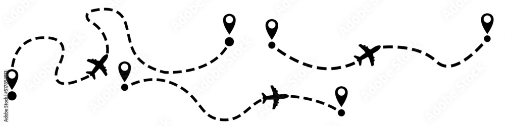 Airplane flight route vector icon. Flight tourism route path ...