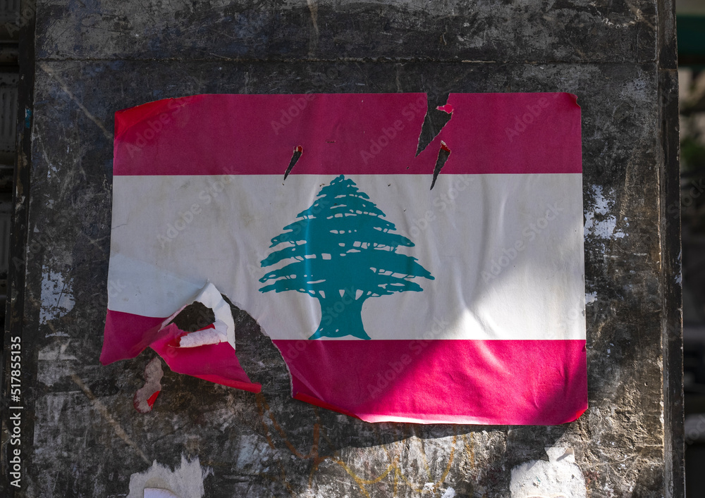 Lebanon flag poster teared on a wall, Beirut Governorate, Beirut ...
