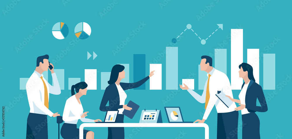 Team and business chart. The team discusses stock market developments ...
