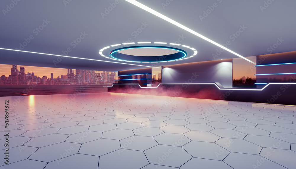3d rendering of empty space inside futuristic showroom, spaceship, hall ...