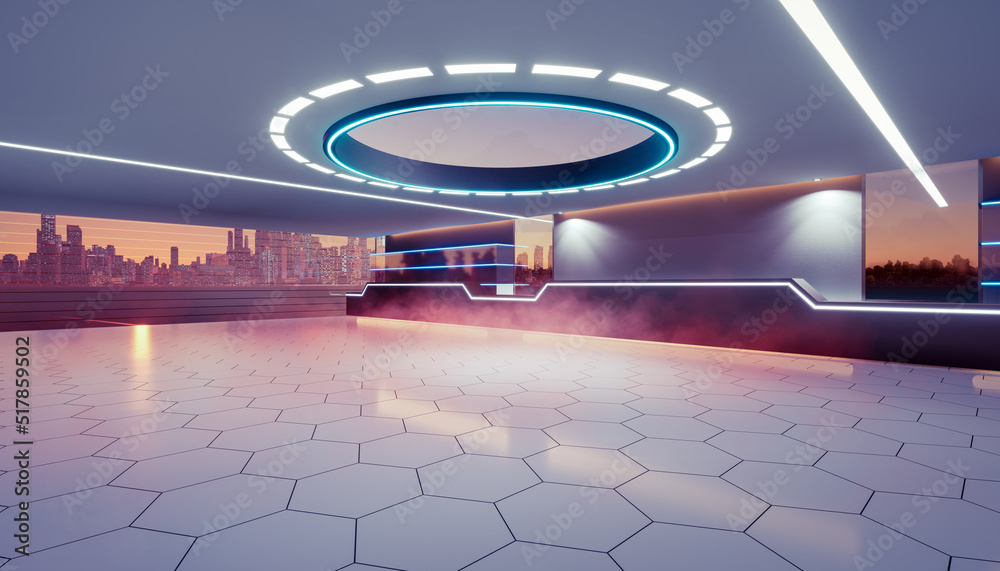 3d rendering of empty space inside futuristic showroom, spaceship, hall ...