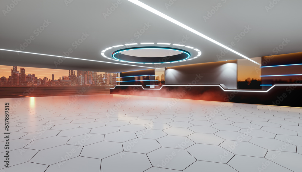 3d rendering of empty space inside futuristic showroom, spaceship, hall ...