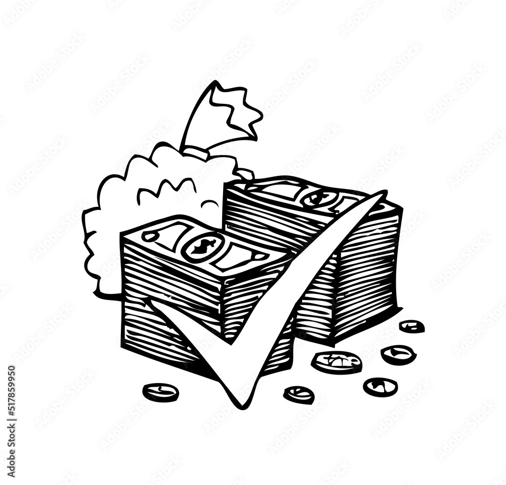 Money bag, wads of bills and coins with a check sign. Banks, saving ...