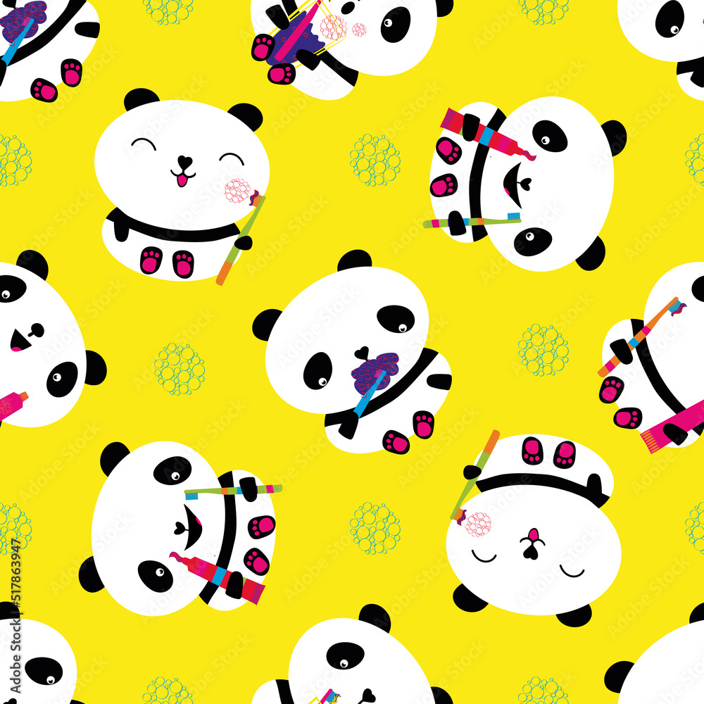 Kawaii panda kids dental health care vector educational seamless ...