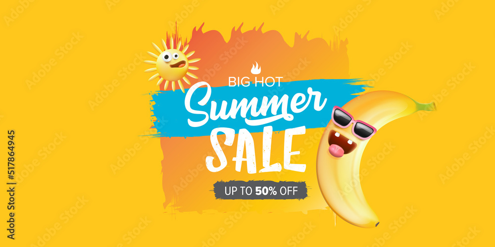 Summer sale funny horizontal banner with cartoon sun and funky banana ...