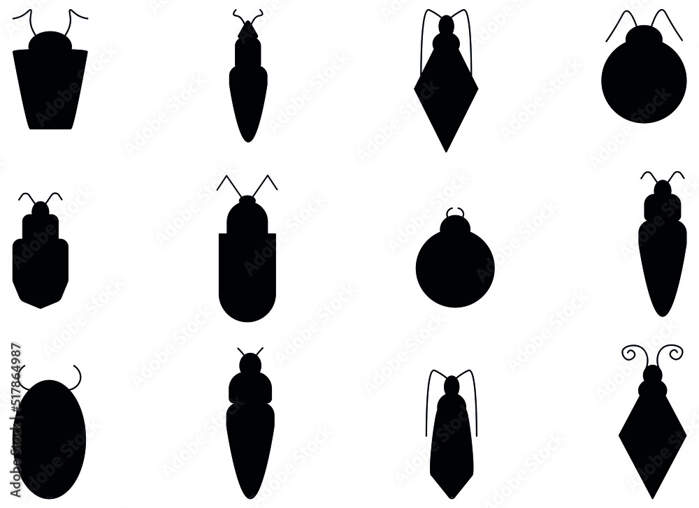 Flat Insect bug vector set. Set of black outline silhouettes of bugs ...