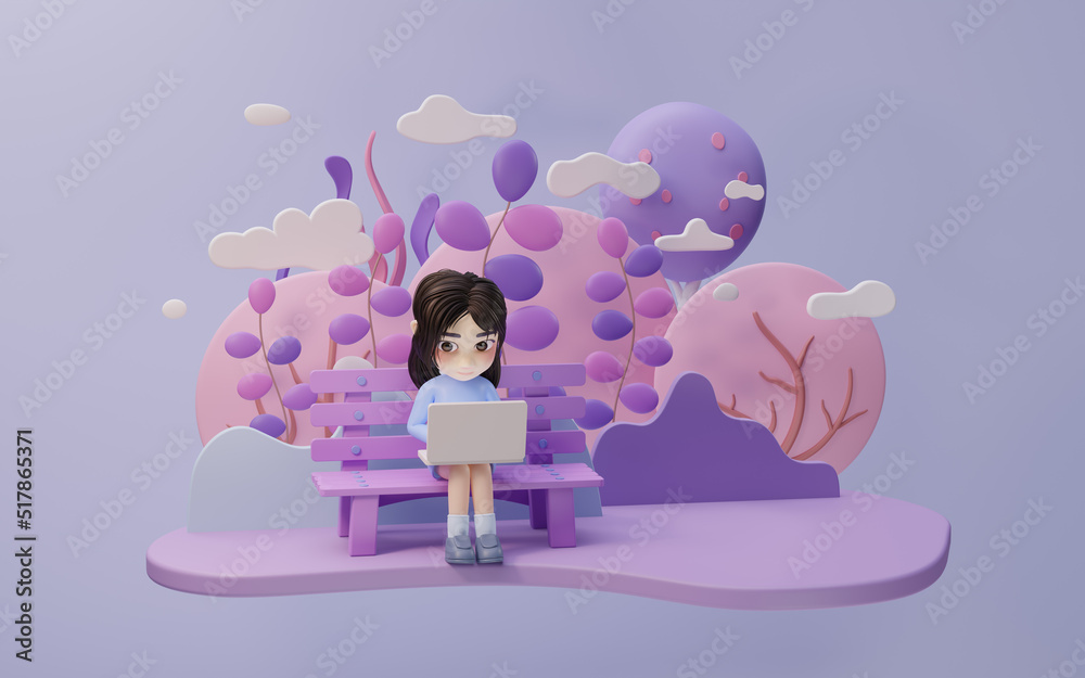 Little girl working with laptop with cartoon style, 3d rendering. Stock ...