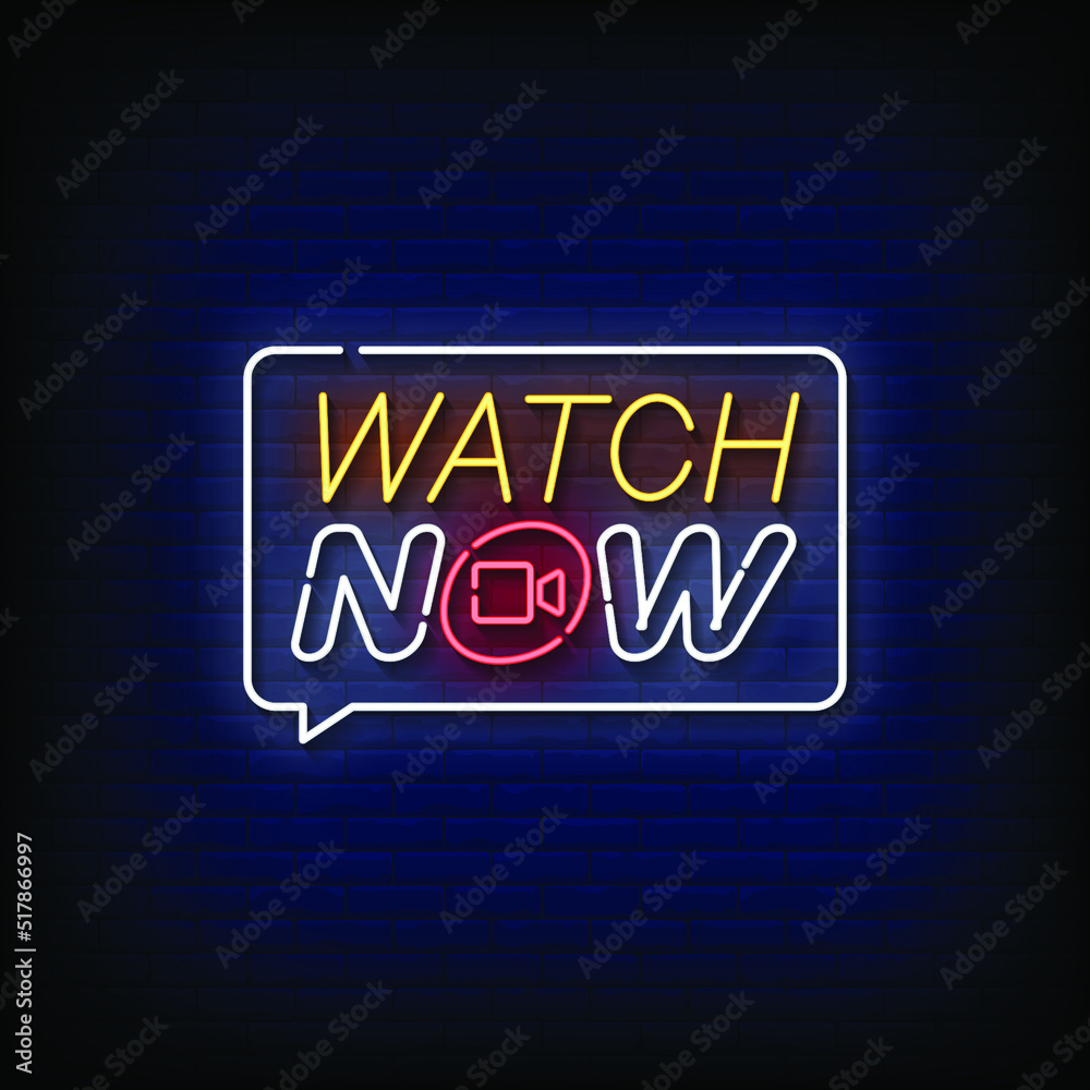 Neon Sign watch now with Brick Wall Background Vector Stock Vector ...