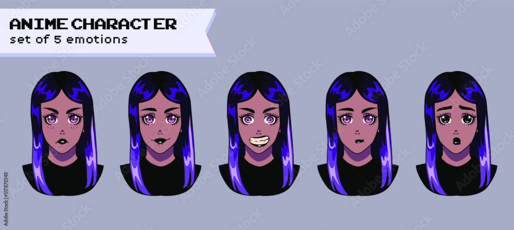Design of a female gothic anime character showing different expressions ...
