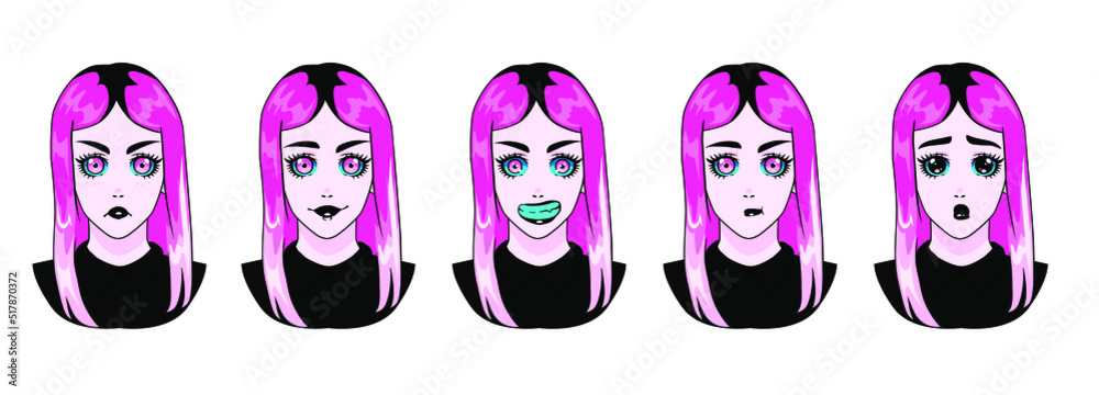 Design of a female gothic anime character showing different expressions ...