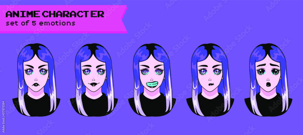 Design of a female gothic anime character showing different expressions ...