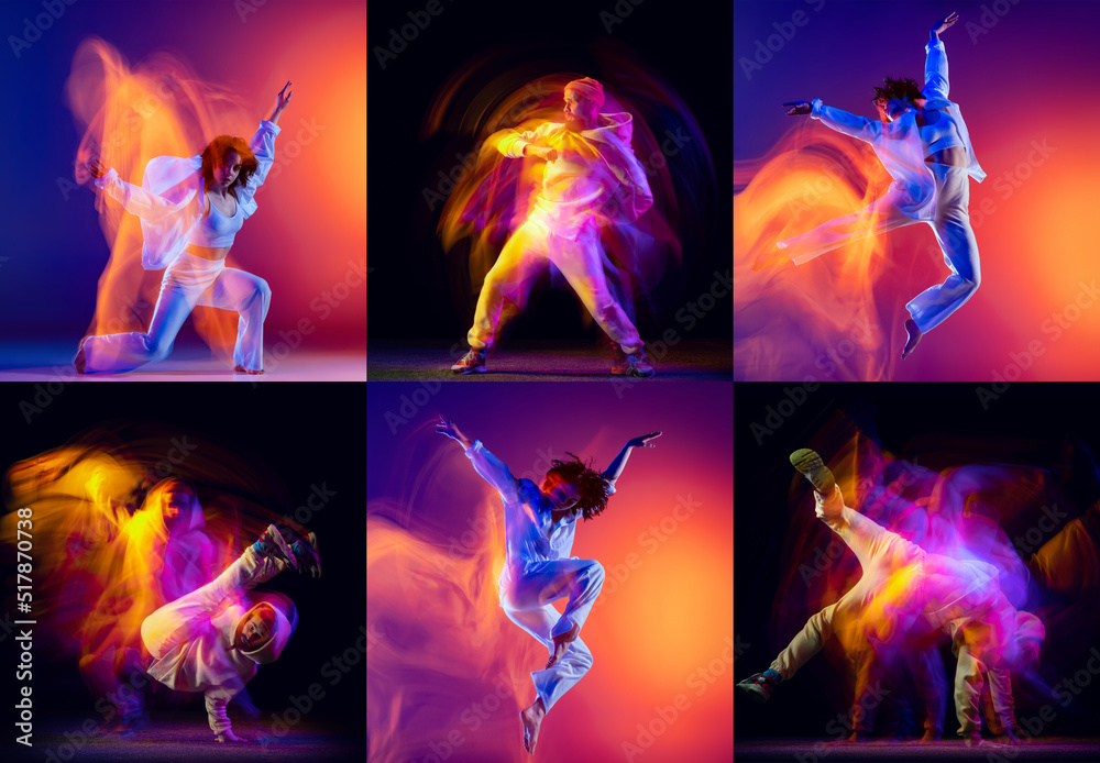 Collage with break dance or hip hop dancers dancing isolated over ...