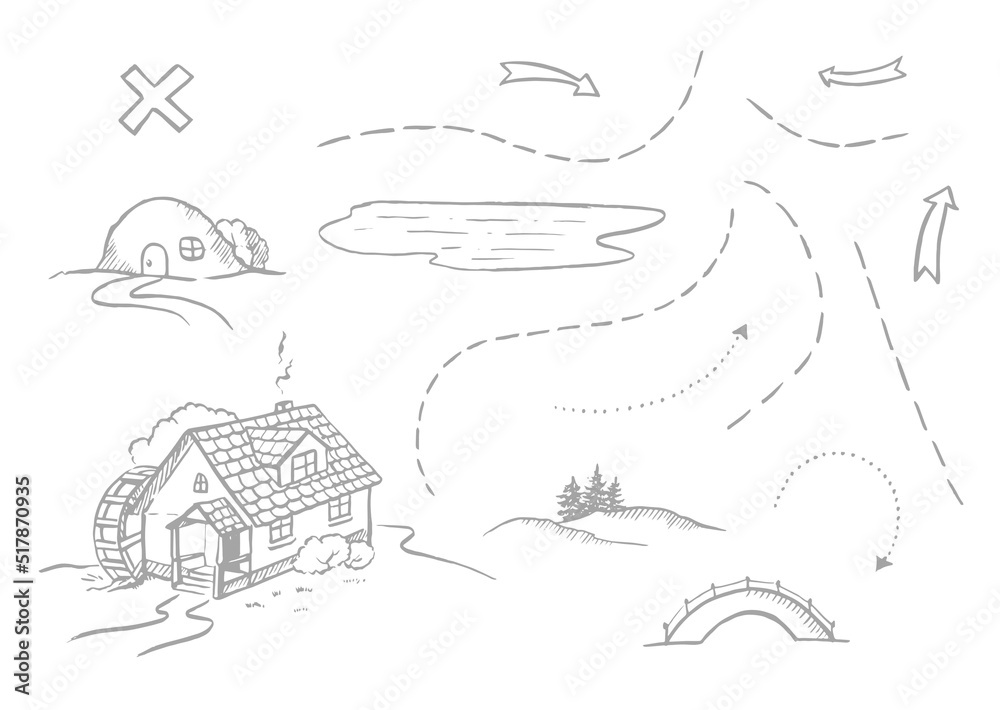 Graphic elements for the design of a treasure map, line drawing, house ...