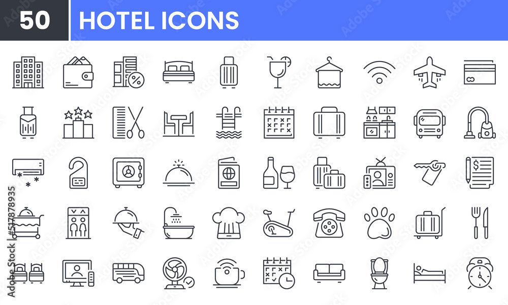 Hotel vector line icon set. Contains linear outline icons like Wifi ...