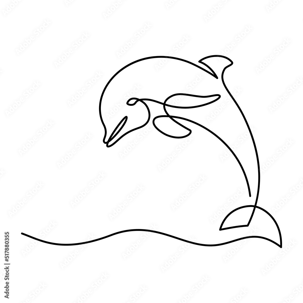 Dolphin in continuous line art drawing style. Dolphin leaping above the ...