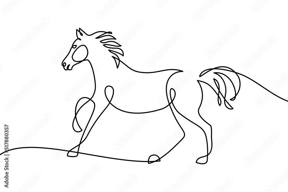 Horse in continuous line art drawing style. Running horse black graphic ...