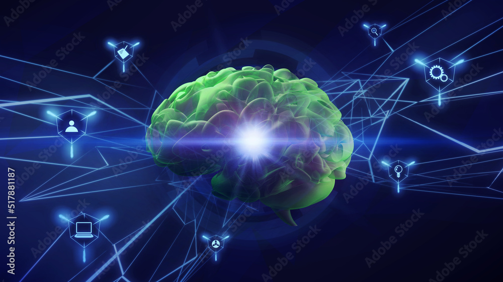 Brain, A.I. 3D rendering concept. A futuristic technology and science ...
