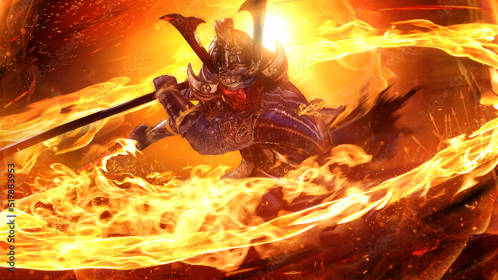 Stock-illustrationen A samurai in a demonic red mask on the battlefield ...