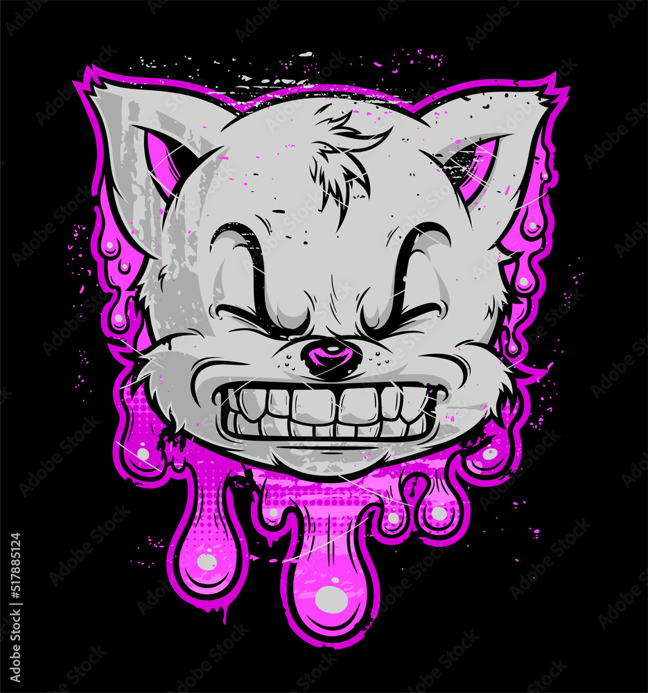 Cartoon cat head on the bright pink liquid elements. Vector ...