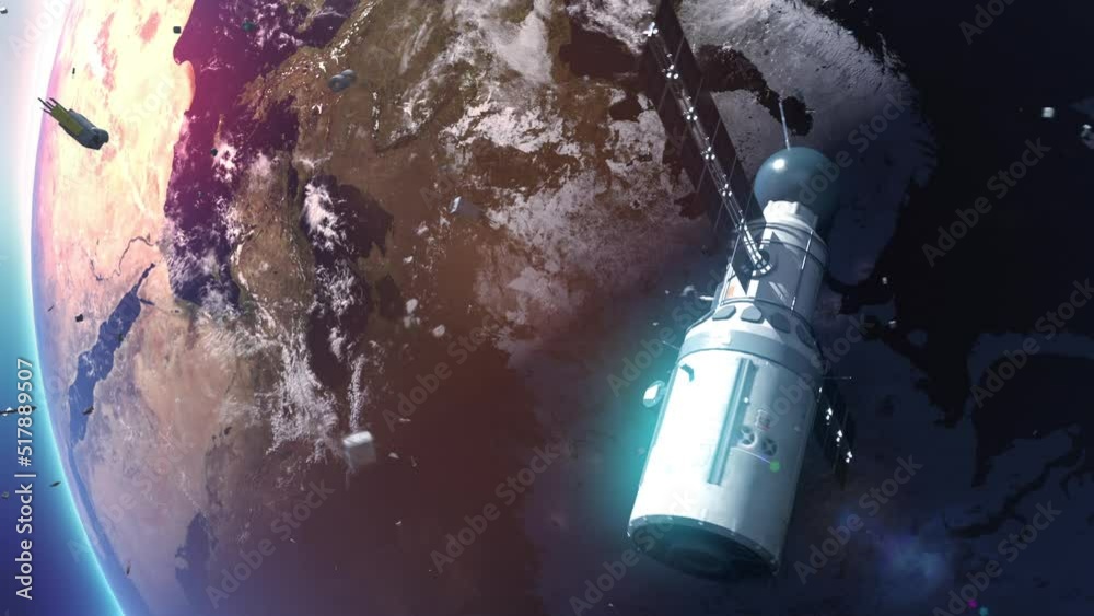 Vidéo Stock space debris among the satellite system on earth's orbit ...