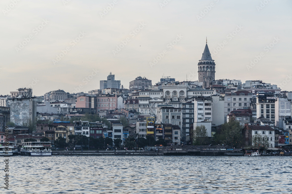 Istanbul, Turkey - April 2022: Medieval Galata Tower is famous landmark ...
