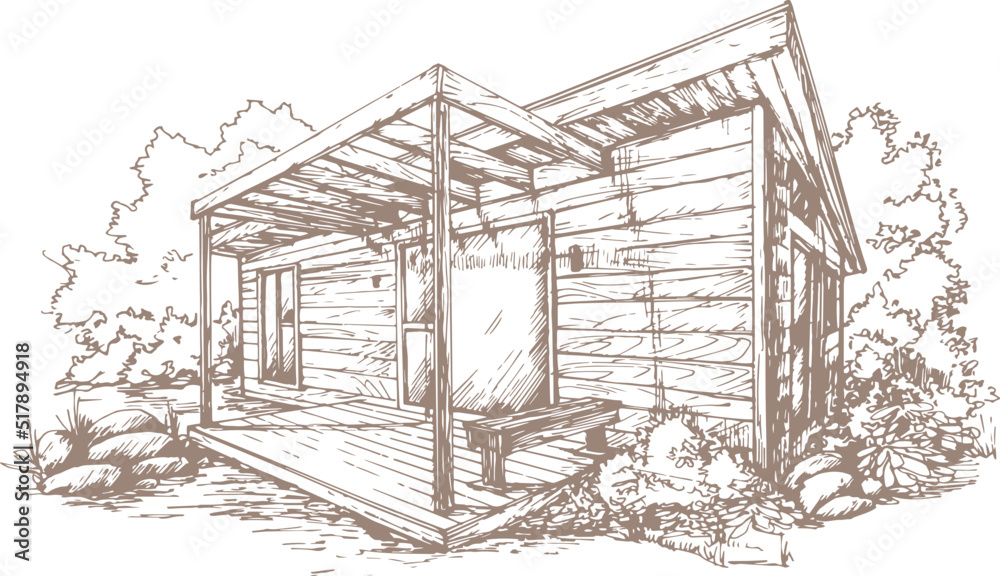 tiny house surrounded by trees conceptual perspective sketch hand drawn ...