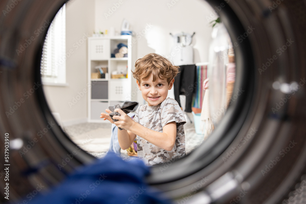 Shot from inside the washing machine view of the bathroom, laundry room ...