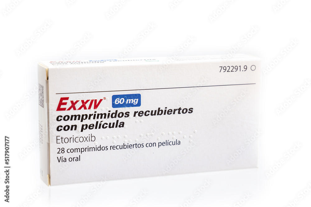 Huelva, Spain - July 19, 2022: A Spanish box of Etoricoxib, brand EXXIV ...