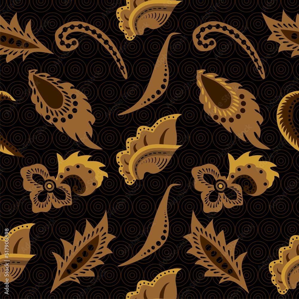 Seamless Golden floral batik patterns on a dark background, suitable ...