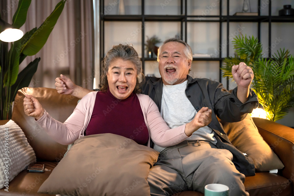 Exited celebrate joy asian old senior marry couple hand rising shouting ...