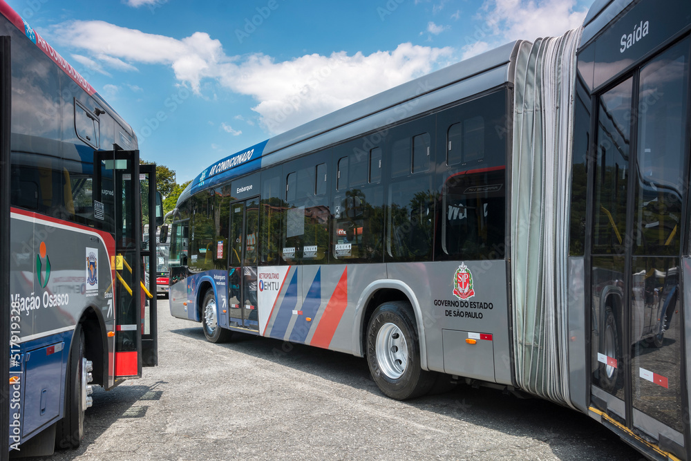 Public transport vehicles on display at the Bus Brasil Fest (BBF 2021 ...