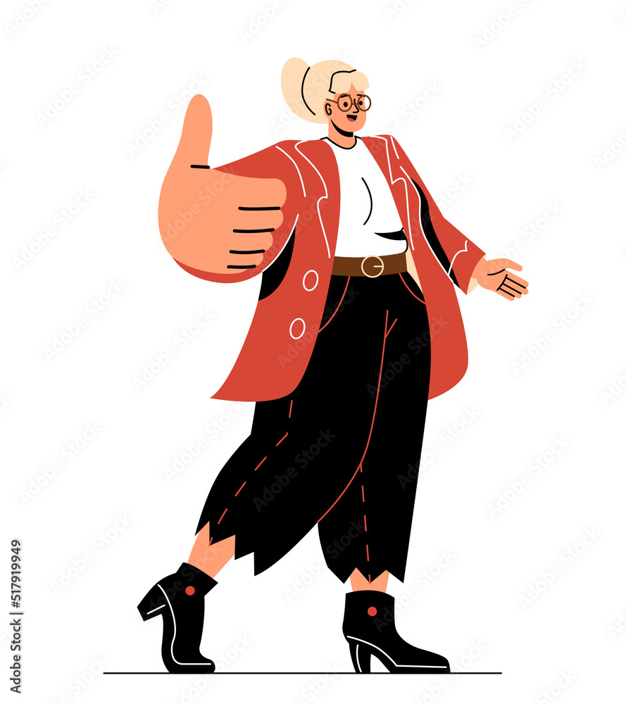 Happiness Emotion concept. Young girl shows thumbs up gesture with her ...