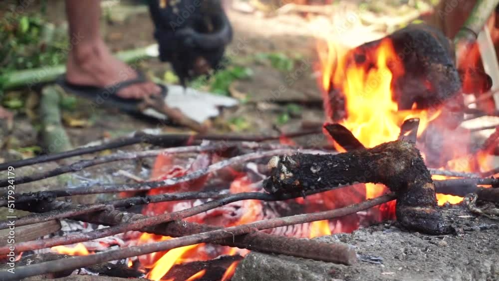 close up shot of the legs and head of a goat being burned black on an ...