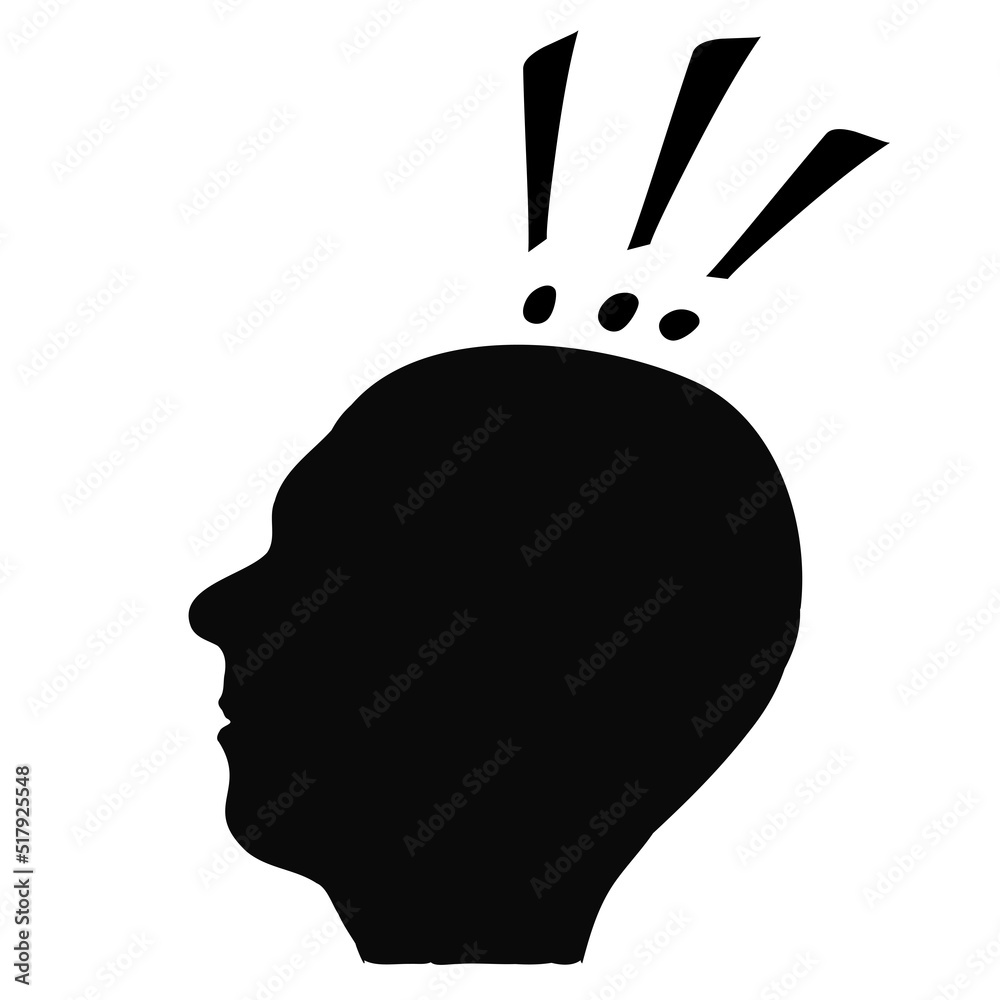 Silhouette of man head in profile with three exclamation marks above ...