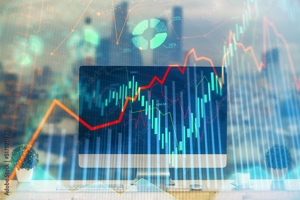 Stock market graph and table with computer background. Multi exposure ...