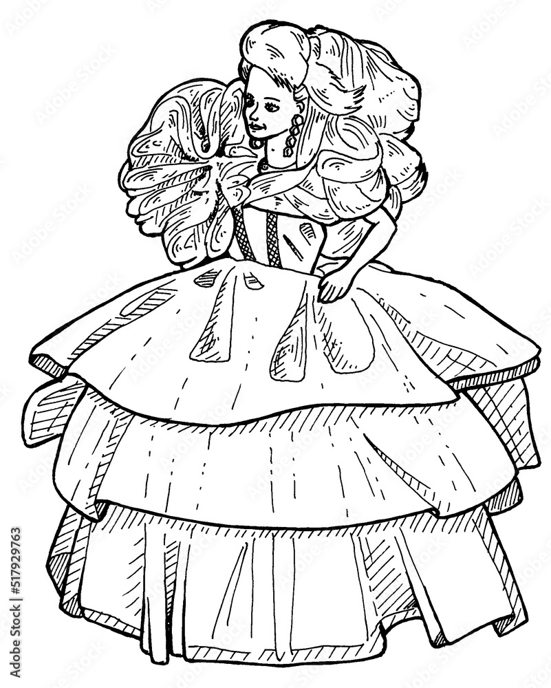 Black and white illustration of a doll in line technique Stock ...