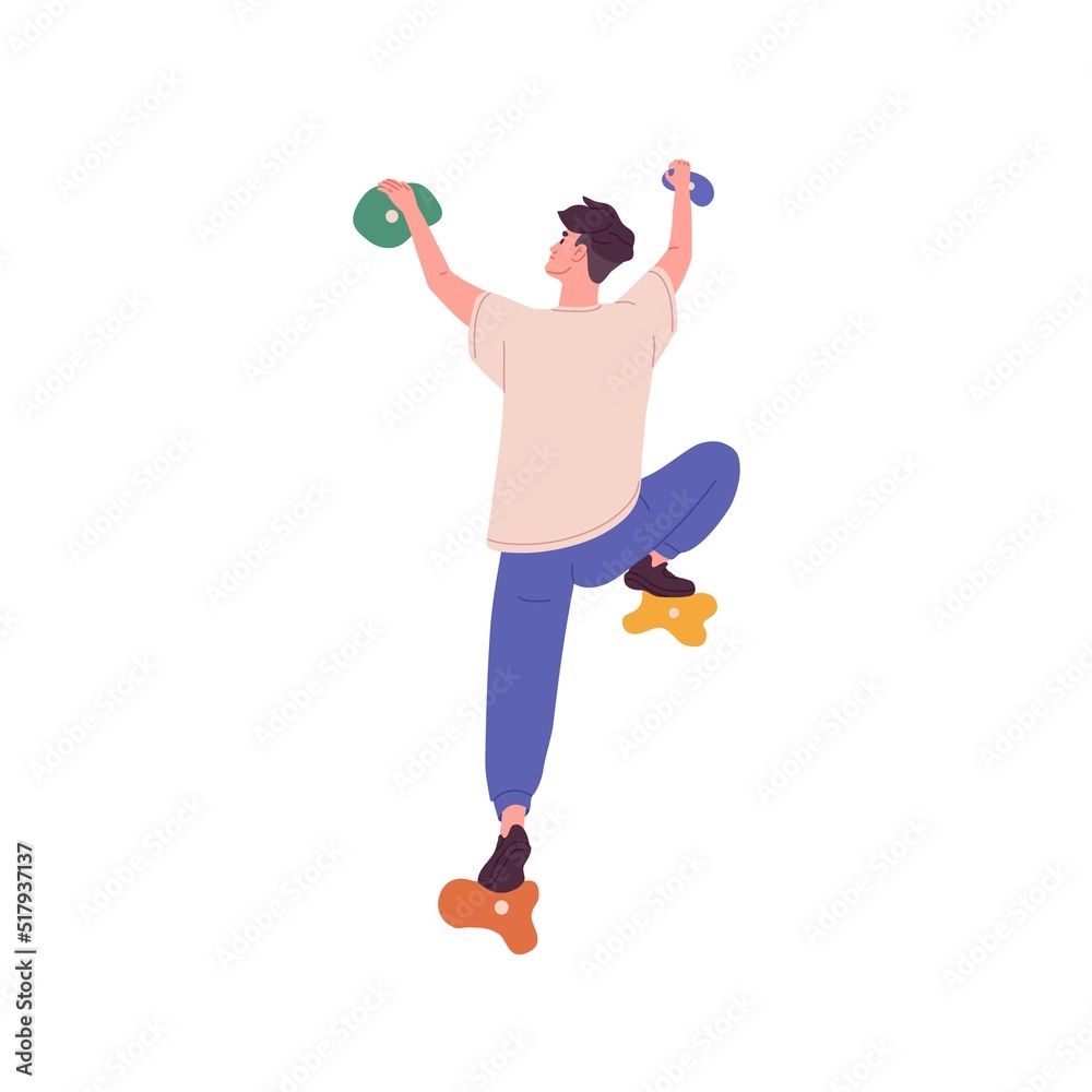 Man climbing up rock wall in bouldering park indoors. Person climber ...
