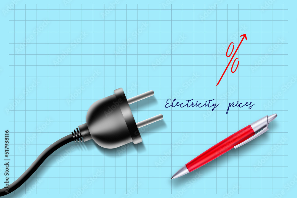 Concept, rising electricity prices. Electric plug, and a red up arrow ...