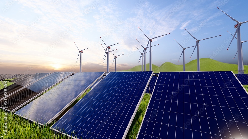 High resolution, Solar power plant and windmills. Renewable energy ...