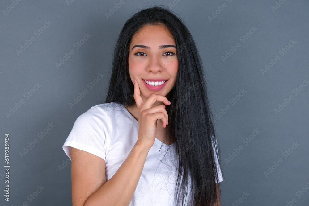 Carefree Successful Young Beautiful Brunette Woman Wearing White T