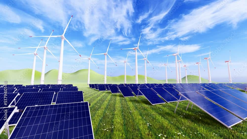 3840x2160. With solar panel cells and spinning wind turbines on the eco ...