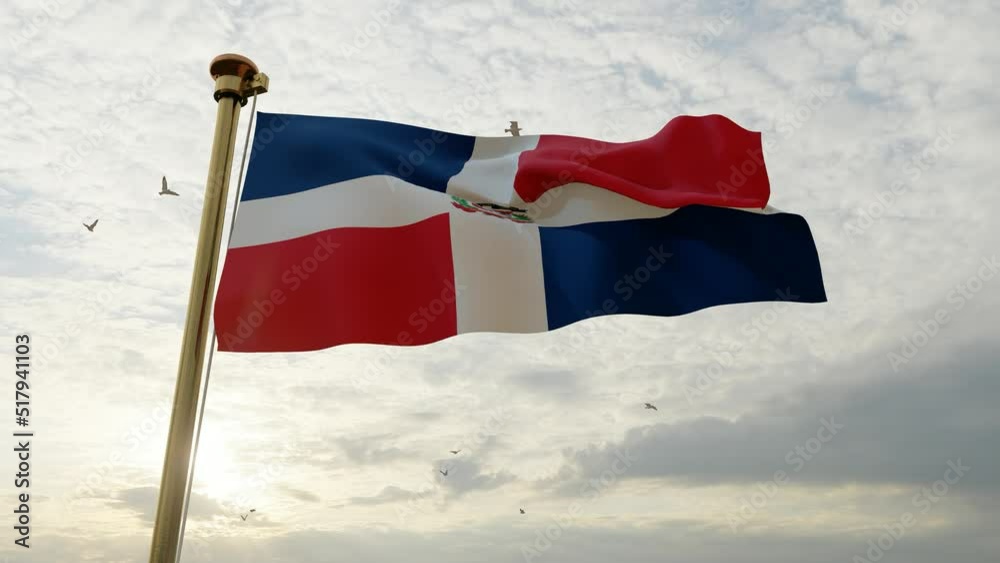 Flag of dominican republic waving in the wind, sky and sun background ...
