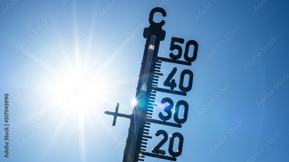 Hot weather - Heat wave / Summer heat background - Thermometer blue sky ...