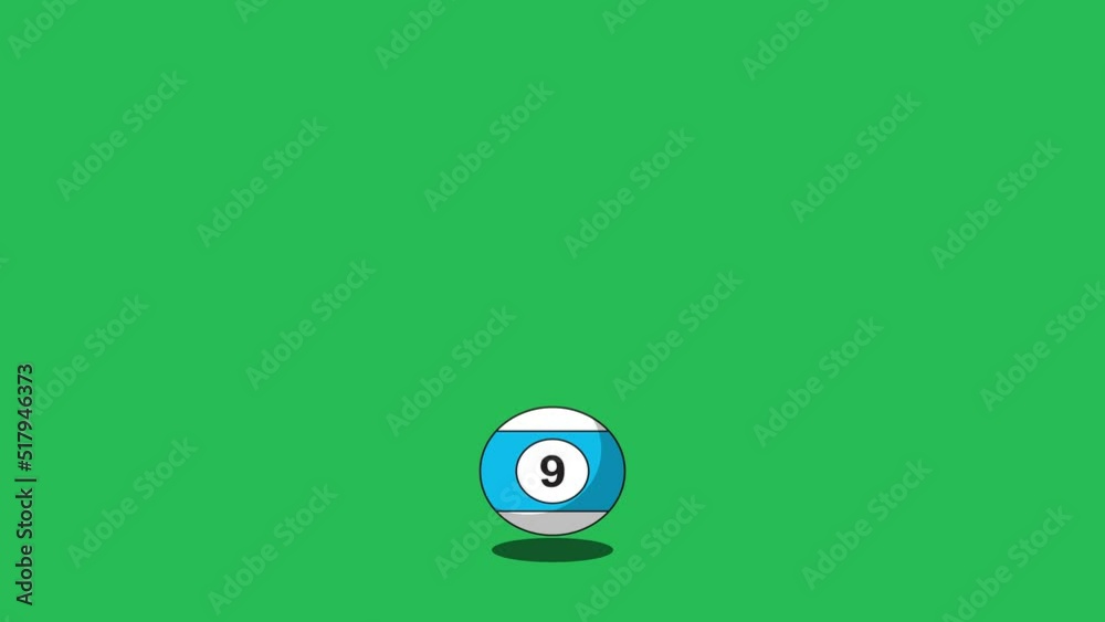 Blue billiard ball bouncing on a green background. Sport flat design ...
